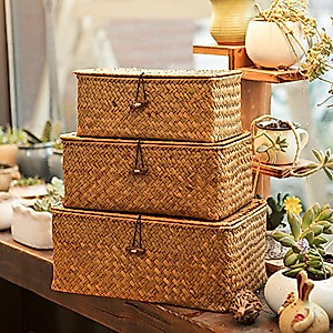 AMAOIS Seaweed Woven Handmade Gift Box, Home Display Decoration, Storage Basket, Underwear, Restaurant Tabletop Counter Storage Box S:23x13x8CM Yellow