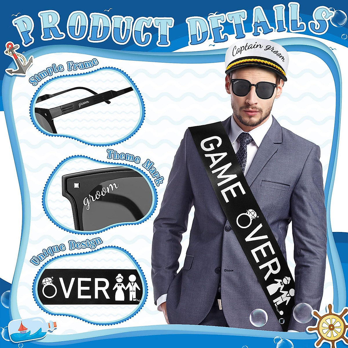 JaGely 3 Pcs Bachelor Party Accessories for Groom Set Include Groom Captain Hat Groom Sunglasses Bachelor Sash Bridal Shower(Stylish Style)
