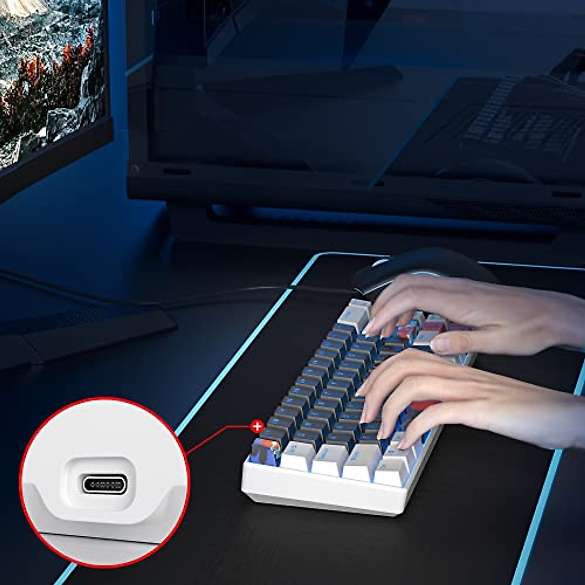 Ussixchare 60 Percent Gaming Keyboard 68 Keys Mechanical Keyboard LED Backlit Compact Wired Keyboard with Red Switch for Windows MAC PS4/5 Xbox Gamer(White-Black)