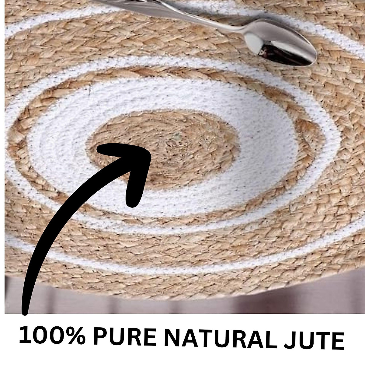 100% Jute Area Rug Approx 3 Feet - Braided Design Hand Woven Natural White Rings Carpet - Home Decor for Living Room Hallways - Round Natural Fibers 36" inch