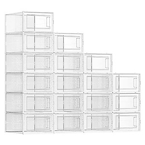 SONGMICS Shoe Boxes, Set of 18 Shoe Storage Organizers, Stackable and Foldable for Sneakers, Fit up to US Size 11, Transparent and White ULSP18SWT