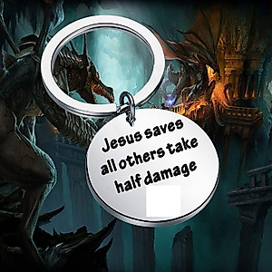 BEKECH Dragons Game Inspired Gift Role Playing Funny Jesus Saves All Others Take Half Damage Keychain DM Dragon D20 Dice Gift RPG Gamer Gift (silver)