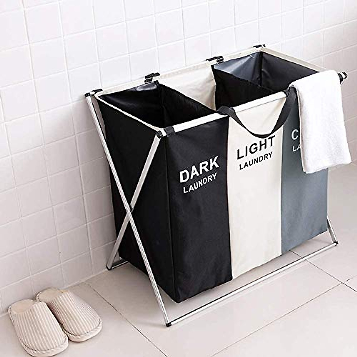 WANYU 125L Laundry Hamper 2 Section Basket Bin Washing Storage Bag Folding Hamper Sorter Aluminum X-Frame Cloth Organizer Durable for Bathroom Home with Carrying Handle (White+Grey)