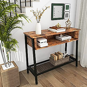 TINKLE WELL Industrial Console, Entryway, Narrow Sofa Table for Living Room and Hallway, Storage Drawer w/Mesh Shelf, Rustic Brown