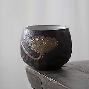 MQjzsh Chinese and Japanese teacups,Kung Fu tea cup set of four,gift box packaging，green tea cup, tea companion， rock-glazed gold painting, relief lotus pods (Four colour)