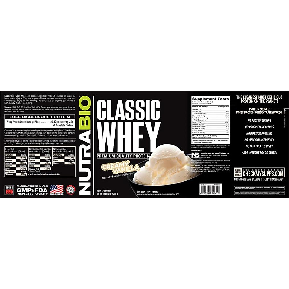 NutraBio Classic Whey Protein Powder- 25G of Protein Per Scoop - Full-Spectrum Amino Acid Profile - No Fillers, Artificial Colors, Preservatives - Low Glycemic Index - Creamy Vanilla, 5 Pounds
