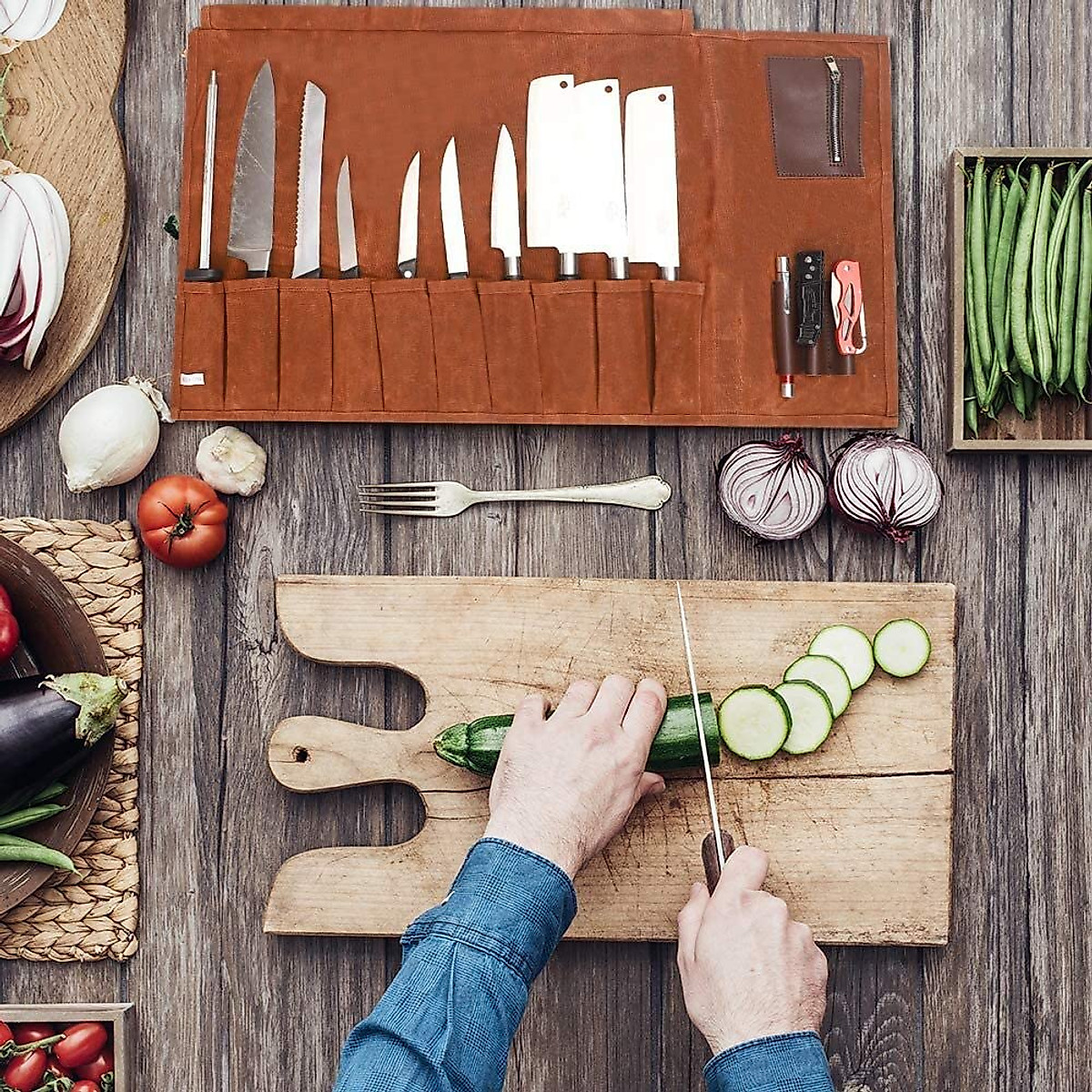 Knife Bag,Canvas Chef Knife Roll Bag,Chef Knife Case Roll Bag,Chef Knife Case Roll Bag With 10 Slots Plus 3 Zipper Pockets, Carry Handle & Shoulder Strap Chef Knife Bag For Men Culinary Traveling.