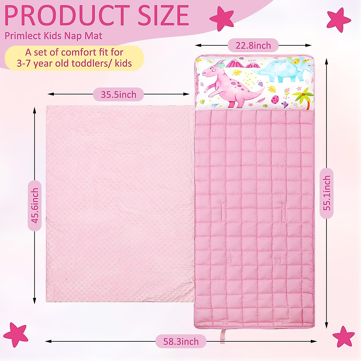 Timgle Toddler Nap Mats for Daycare Toddler Nap Mat with Pillow for Girls Toddler Sleeping Bag with Removable Pillow and Soft Blanket for Daycare,Preschool,Kindergarten,Sleepovers(Dinosaur)