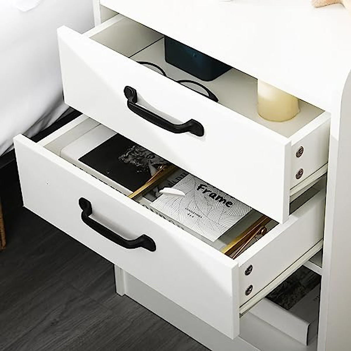 White Nightstand Set of 2 with Charging Station and LED Lights, Modern End Side Table with 2 Drawers and Open Storage for Living Room, Night Stands for Bedrooms Set of 2 White
