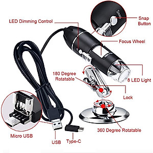 Grewtech USB Digital Microscope 1600x 8 LED Magnification Endoscope Camera with Metal Stand Compatible with Windows, Android and Mac