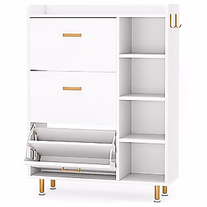 LITTLE TREE Shoe Cabinet, Freestanding Shoes Storage Cabinets with 3 Flip Drawers and Open Shelves for Entryway