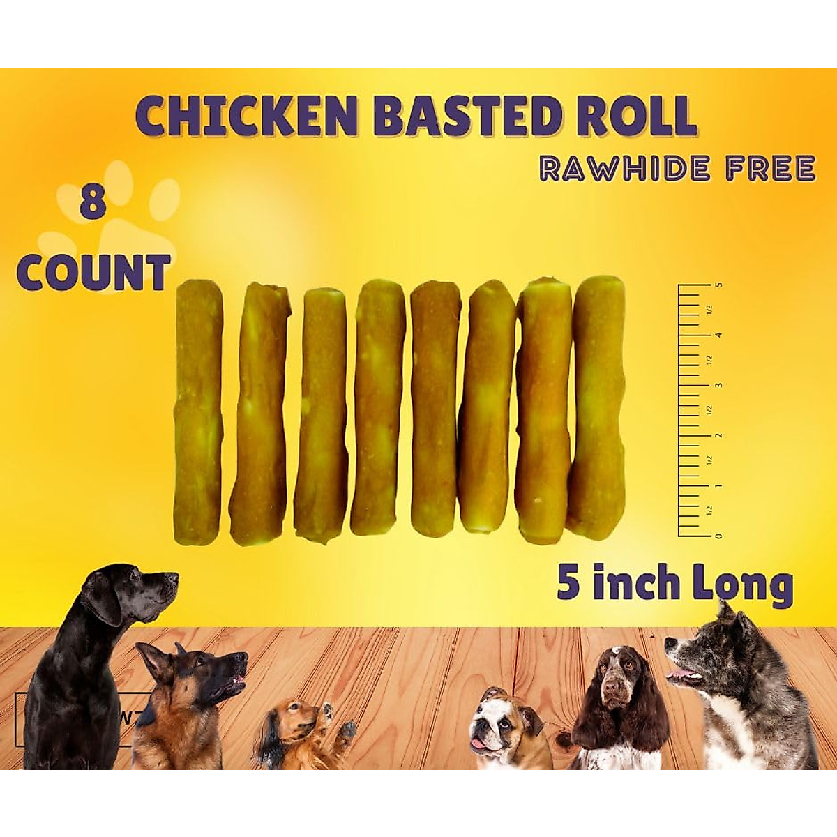 DOGCHEWZ™ Rawhide Free Basted Roll Chicken Wrapped Dog Chew Treats | Size 5 Inch (8 Count/Bag) - Gluten Free