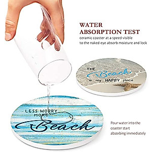 Coaster for Drinks Set of 6, Antique Teal Blue Wood Beach Absorbent Round Ceramic Stone Mat, with Cork Base and Metal Holder, Gift for Housewarming Room Bar Decor