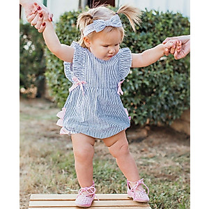 RuffleButts® Baby/Toddler Girls Blue Seersucker Ruffle Romper - 6-12m