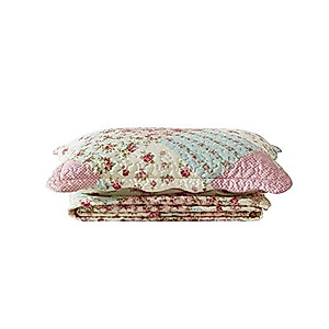 Brilliant Sunshine Pink and Green Rose Patchwork, 2-Piece Quilt Set with 1 Sham, Reversible Bedspread, Soft Lightweight Coverlet, All-Season, Twin, Pink Green