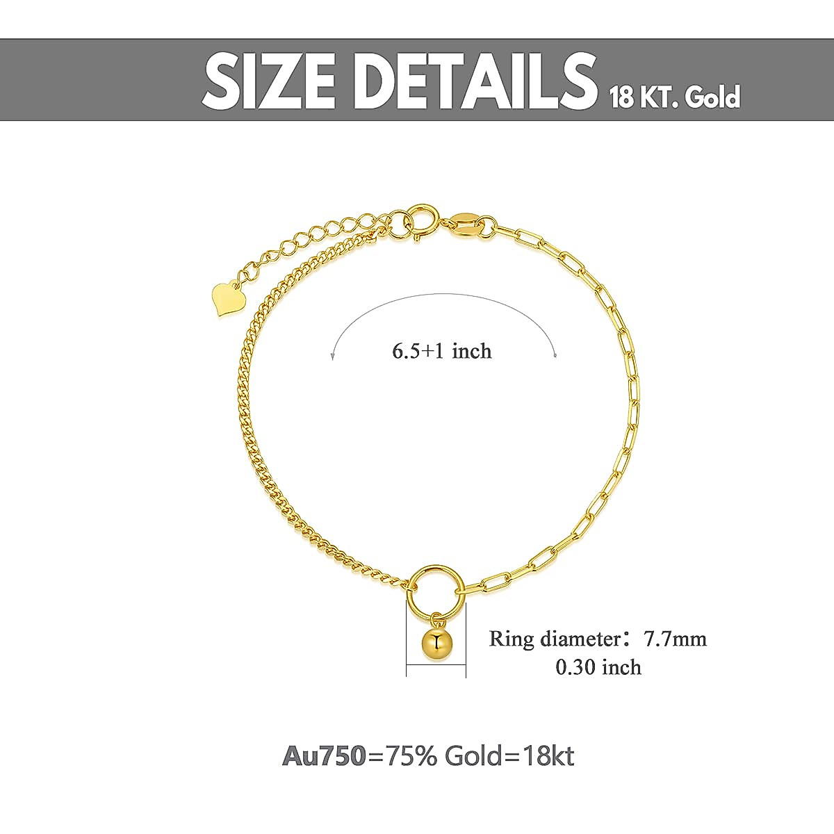 18K Solid Gold Paperclip Chain Bracelet for Women, Delicate Gold Cuban Link Chain Bracelet Anniversary Jewelry Gifts for Mom, Wife, 6.4-7.5 Inch