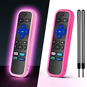 ONEBOM （2 Pack） Roku Remote Cover, Battery Case for TCL Roku Smart TV Steaming Stick Remote, Pink Silicone Roku tv Remote Case Glow in The Dark(Glow Pink+Rose Red)