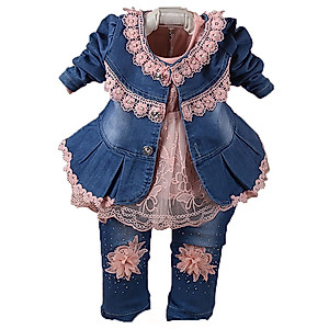 Yao 6M-4Y Infant 3Pcs Baby Girls Clothes Set Toddler Outfits Lace Dress Jacket and Jeans (6-12M,Flower-Pink)
