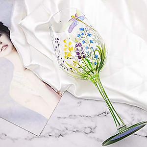 NymphFable Hand Painted Wine Glass Colorful Dragonfly Flower Artisan Painted 15 oz Glass Novelty Gift for Birthdays,Weddings,Valentine's Day