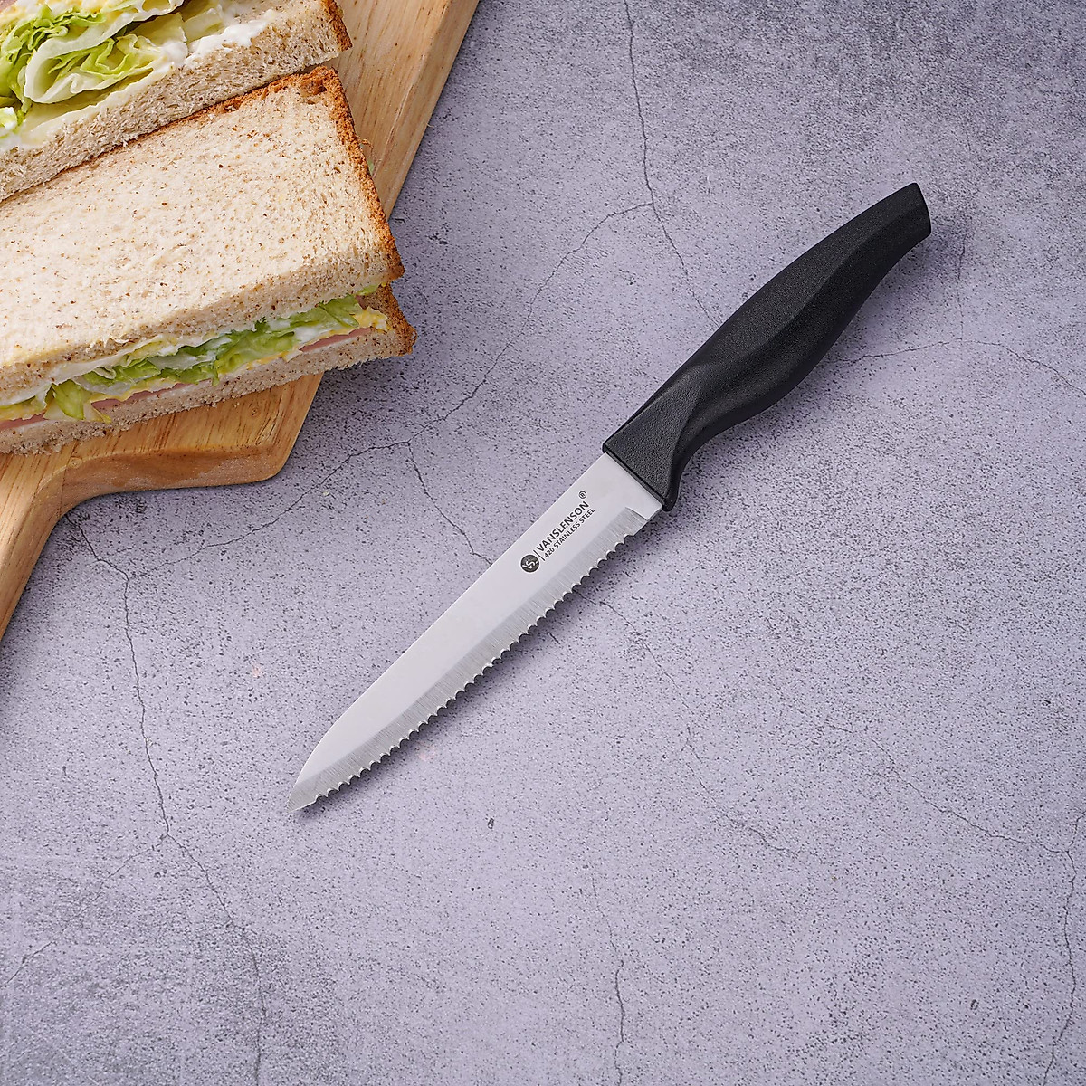 VSL VANSLENSON Multipurpose Kitchen Knife set 4 inch Paring Knife with Cover, Steak Knife, 5 inch Utility Knife, 5 inch Serrated Blade Knife Black Handle (Set of 4 mixed combo)