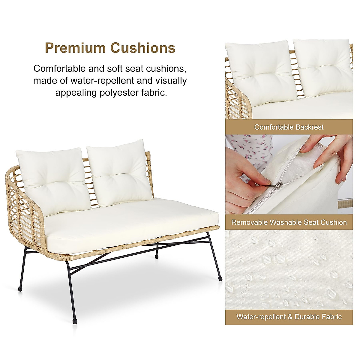 IDEALHOUSE 4 Pieces Patio Furniture Set,Boho L-Shaped Sofa Outdoor Furniture Lounge Set Conversation Sectional with Thick Cushions and Toughened Glass Coffee Table for Deck,Backyard, Porch