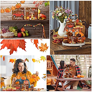 Ferraycle 12 Pcs Fall Tiered Tray Decor Hello Fall Decor Autumn Wood Signs Thanksgiving Pumpkin Maple Leaves Wooden Sign Orange Fall Tabletop Signs for Home Rustic Harvest Table Centerpiece