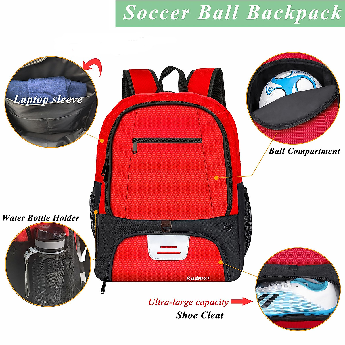 Rudmox Soccer Ball Bag-Backpack for Basketball,Volleyball with Cleat Shoes and Ball Compartment for Sports Team,Trainning
