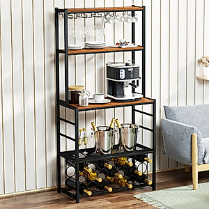 FIDVEKL Wine Rack Freestanding Floor, 5-Tier Industrial Wine Rack Freestanding Floor with Glass Holder and Wine Storage for Home Kitchen Dining Room, Rustic Brown
