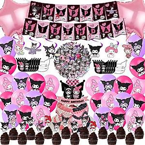 118 Pcs Kuromi Birthday Decorations Kuromi Party Decorations,Kuromi Party Supplies Including Birthday Banner ,Hanging Swirl,Cake Topper , Cupcake Topper,Invitation Card, Stickers for Girls