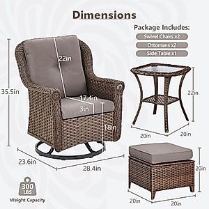 Outdoor Wicker Furniture Set for Patio - 5 Piece Outside Rattan Conversation Bistro Dining Chair Sets with Rocking Swivel Chairs, Ottomans and Side Table for Porch Yard Balcony – Brown/Grey