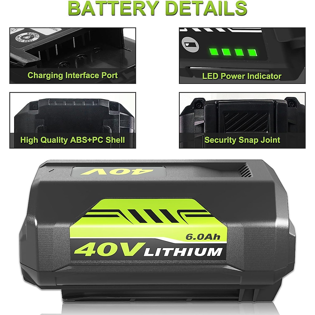 6.0Ah Replacement for Ryobi 40V Battery Lithium Ion Compatible with Ryobi 40 Volt Battery Lithium OP4026A OP4015 OP4040 OP40201 OP4050A OP4015 OP40261 OP4030 OP40401 OP4060 Cordless Power Tools