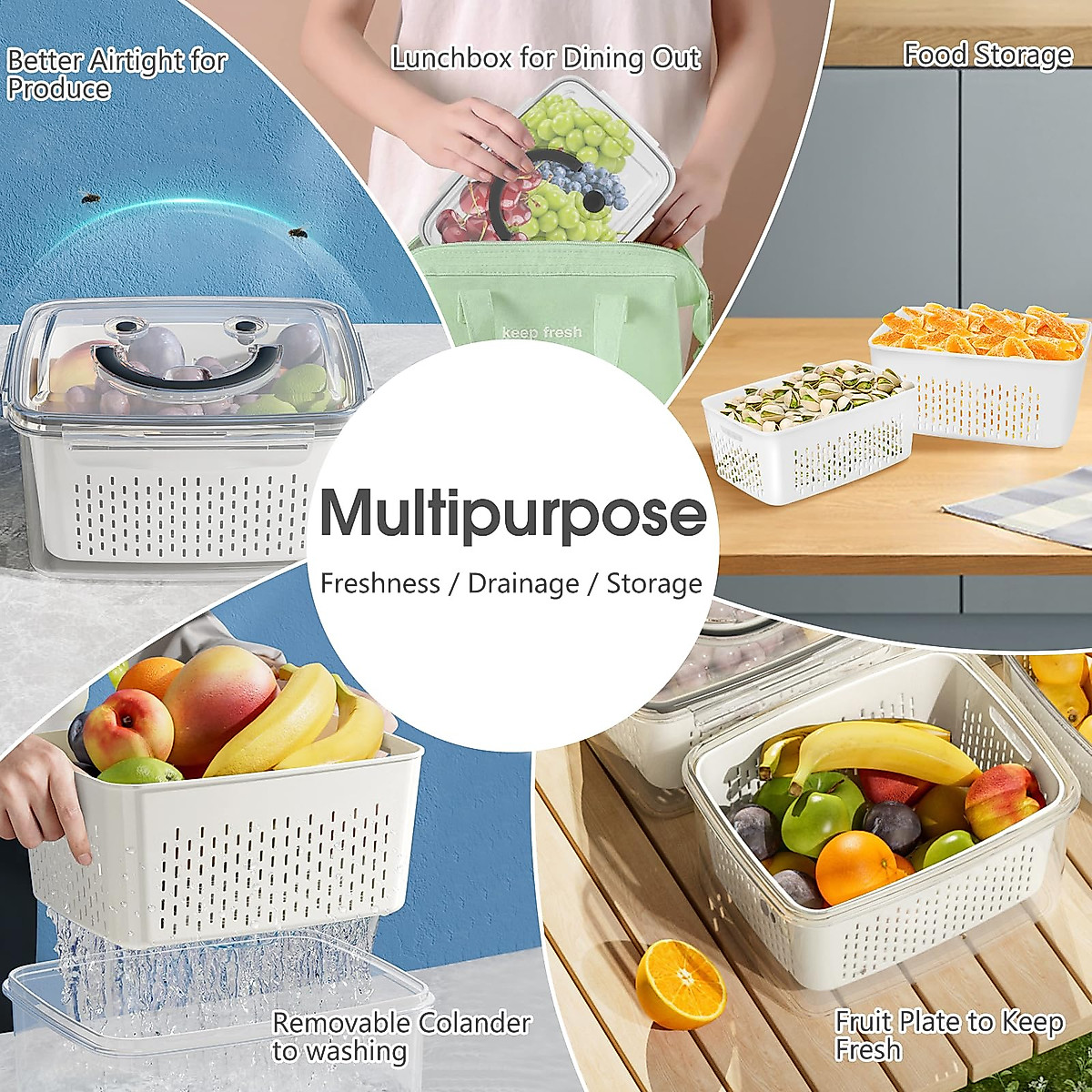 EsOfficce 4 PCS Vegetable Fruit Storage Containers for Fridge, Takeout Food Storage Containers with Removable Colander, Dishwasher Safe Produce Saver Container, Keep Fruit Vegetable Fresh Longer