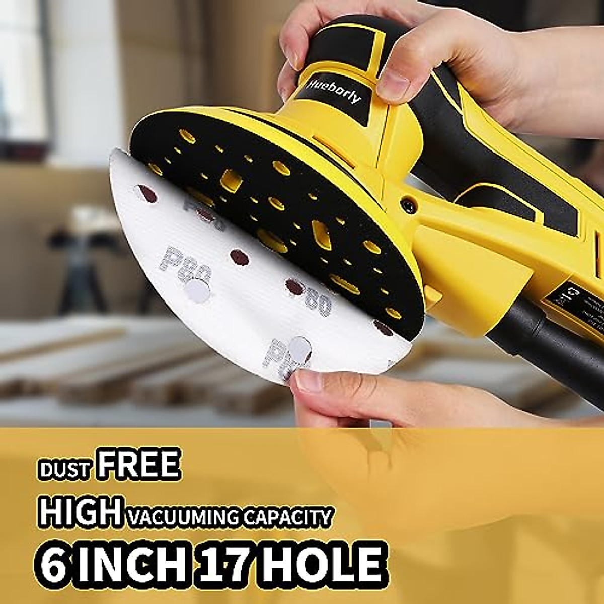 Electric Random Orbital Sander 350W Brushless Motor 3/16 inch Orbit, 110V 6-Inch 10000 RPM Variable Speed Tool for Metal Fabrication, Woodworking Walls and Car Polishing Yellow with Case