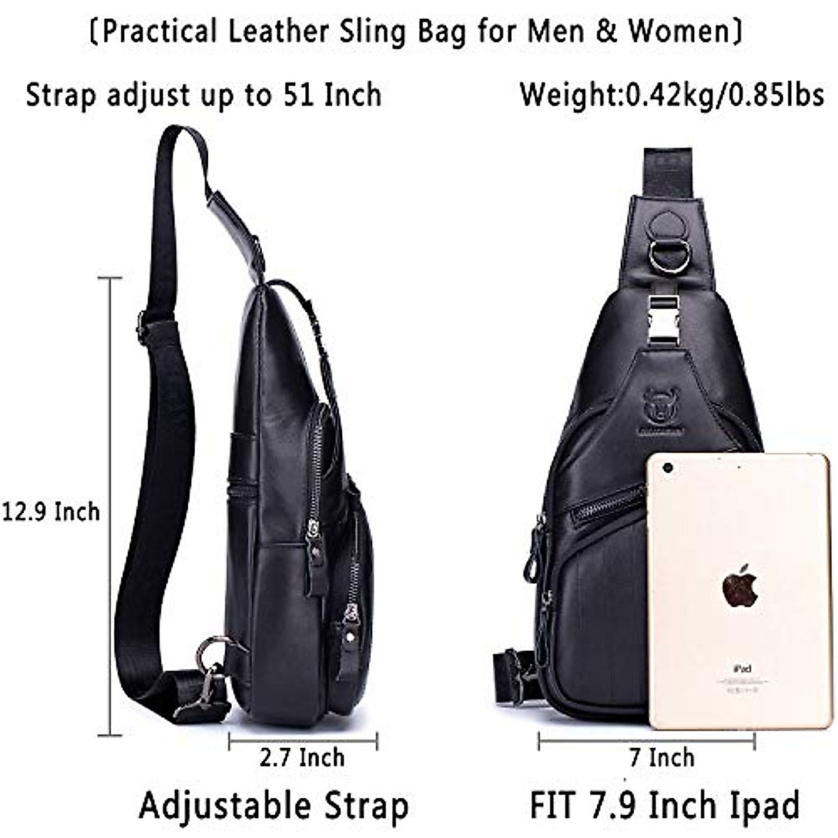 BULLCAPTAIN Cross body Bags for Men Leather Sling Bag Casual Daypacks Chest Bags Shoulder Bag Travel Hiking Backpacks (Black)