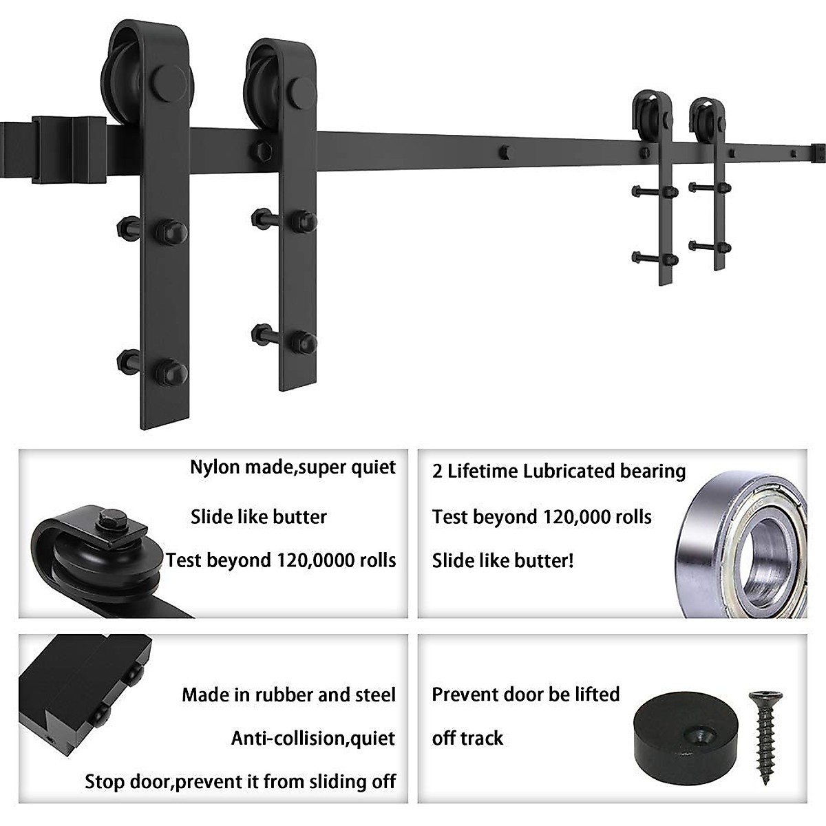 WINSOON 15FT Barn Door Hardware Kit: Double Sliding Door Hardware - Heavy Duty Black Barn Door Track Kit - Carbon Steel Sliding Barn Door Rail - J-Shape Easy to Install for 90" Closet Panel(No Door)
