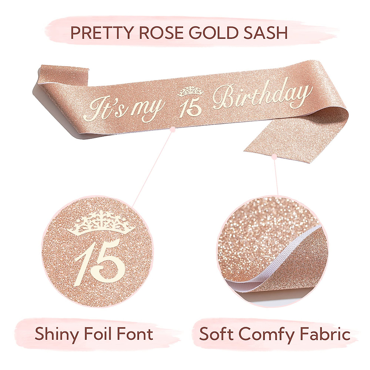 Bella Meri 15th Birthday Gifts for Girls, 15th Birthday Tiara Crown, Sash, Cake Toppers,Birthday Candles, 15 Birthday Decorations Women