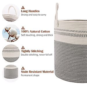 TECHMILLY Woven Rope Laundry Hamper Basket, Tall Laundry Basket Storage, Baby Nursery Hamper for Blanket, Clothes Hamper for Laundry in Bedroom and Living Room Organizing, Small, 42L, Grey