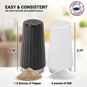 Disposable Salt and Pepper Shakers by Global Basics - Plastic Shaker Sets for Parties, Restaurants, Picnics, Cookouts - Prefilled Salt and Pepper Shakers with 4oz. Salt, 1.5oz. Pepper - 12-Pack