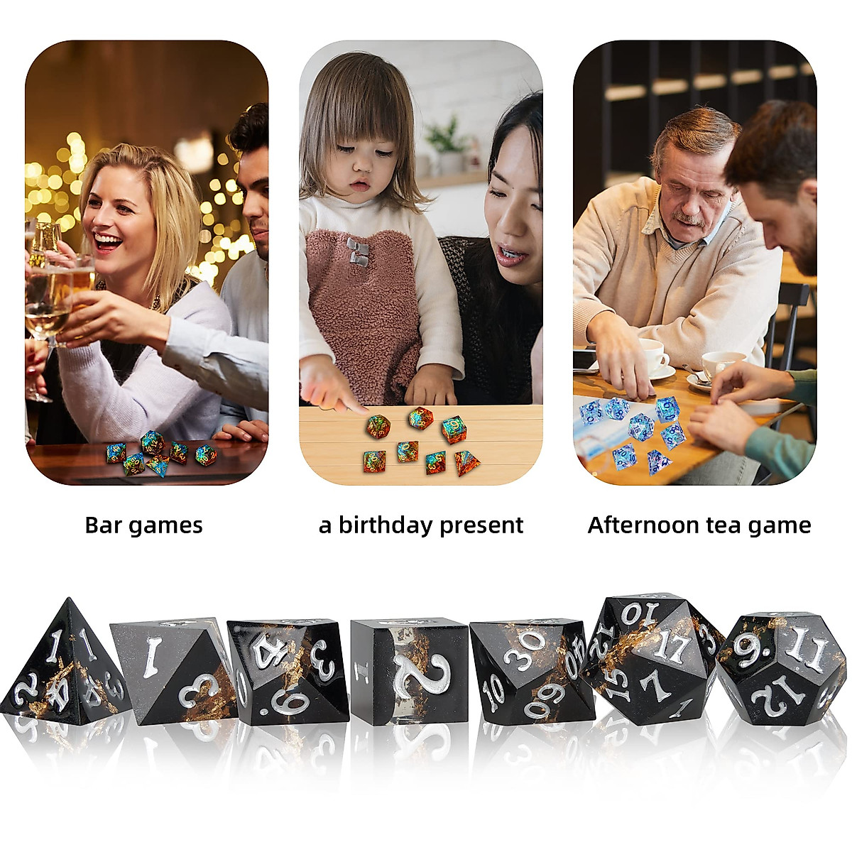 DND Dice Set Sharp Edge Galaxy Dice Handmade Resin Polyhedral Dice for Dungeon and Dragons RPG D20 Tabletop Roleplaying Party Games (Black & Green)