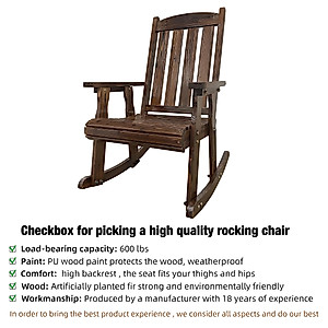 Wooden Rocking Chair with Comfortable Backrest Inclination, High Backrest and Deep Contoured Seat, Solid Fir Wood, Heavy Duty 600 LBS, for Both Outdoor and Indoor, Porch and Patio (Deep Brown)