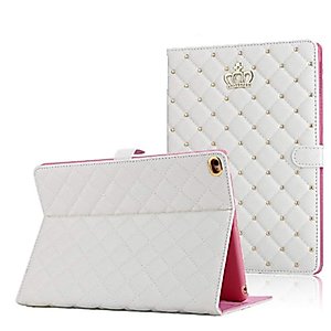 Topwin Crown Design Case for iPad 9.7 2018 2017/ iPad Air 2 / iPad Air, Diamond Cute Elegant PU Leather Smart Auto Sleep/Wake Stand Shockproof Case for Apple iPad 5th/6th (White