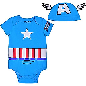 Marvel Boys’ Captain America Bodysuit and Hat Set for Newborn and Infant – Blue