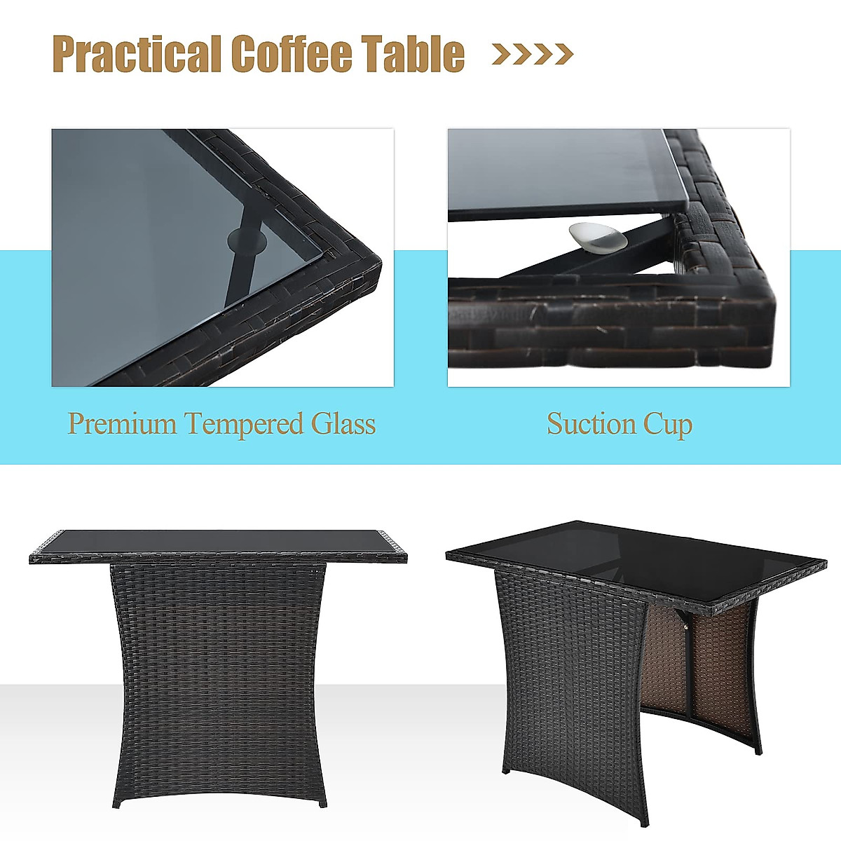 KOTEK 3 Piece Outdoor Dining Set, PE Rattan Dining Table & Chairs Set with Tempered Glass Top & Cushions, Wicker Conversation Set, Patio Bistro Set for Backyard Garden Porch (Turquoise)