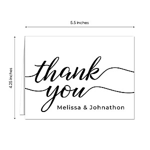 Script Black And White Personalized Thank You Cards / 100 Modern Cursive Custom Appreciation Note Cards With White Envelopes / 4 1/4" x 5 1/2" Bulk Generic Wedding Thanks Greeting Cards
