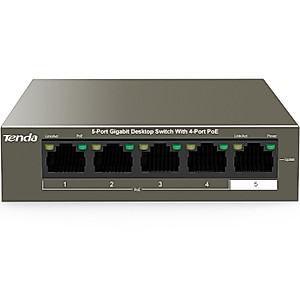 Tenda TEG1105P, 5 Port Gigabit PoE Switch Compatible with IEEE 802.3af/at Devices, Unmanaged PoE Switch with 4 Port PoE+@63W, Plug & Play, Fanless & Metal Design, Limited Lifetime Protection