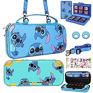 Xinocy for Nintendo Switch Lite 7 in 1 Storage Accessories Kit with Travel Carrying Case+Switch Lite Protective Cover+Game Case Holder+Strap+Sticker+2 Thumb Caps Cute Shell for Boys Kids Girls -Stit