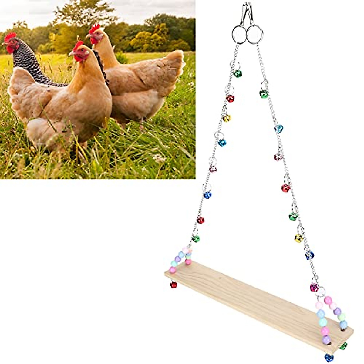 Chicken Swing, Pet Chicken Swing Toys with Natural Wooden Chicken Wooden Standing Swing Toys Hanging Perch with Bells for Medium Large Parrots HenToys