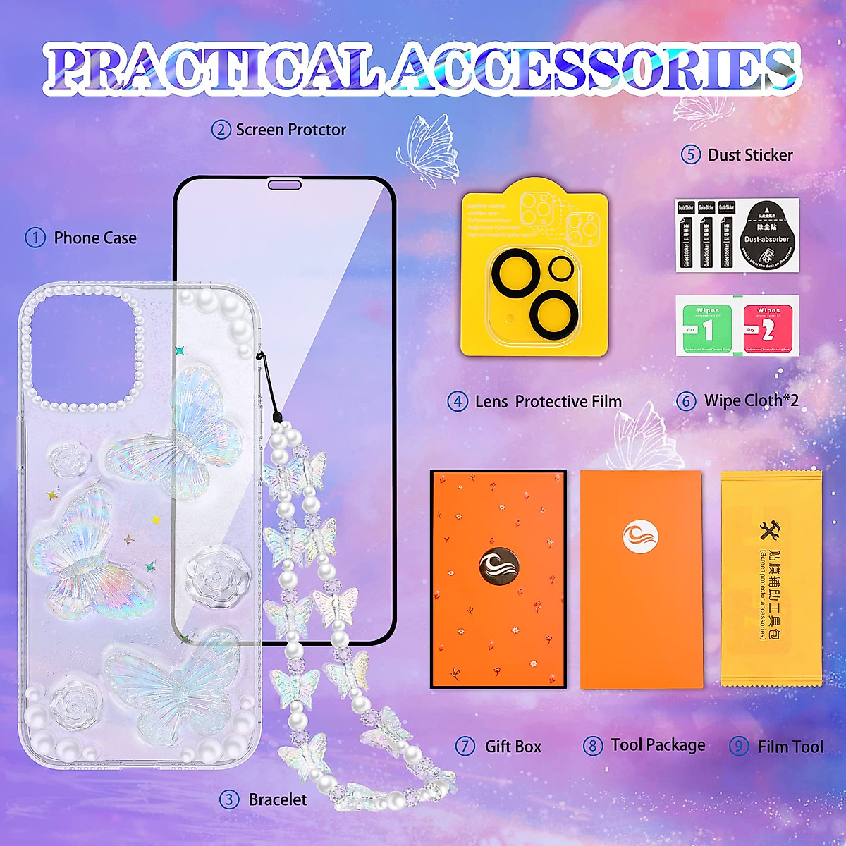 Goocrux (4in1 Case for Apple iPhone 13 Mini Butterfly Glitter Handmade Sequin Sparkle Pretty for Women Girls Clear Design Crystal Sparkly Cute Girly Phone Cases+Chain+Camera Cover+Screen Protector