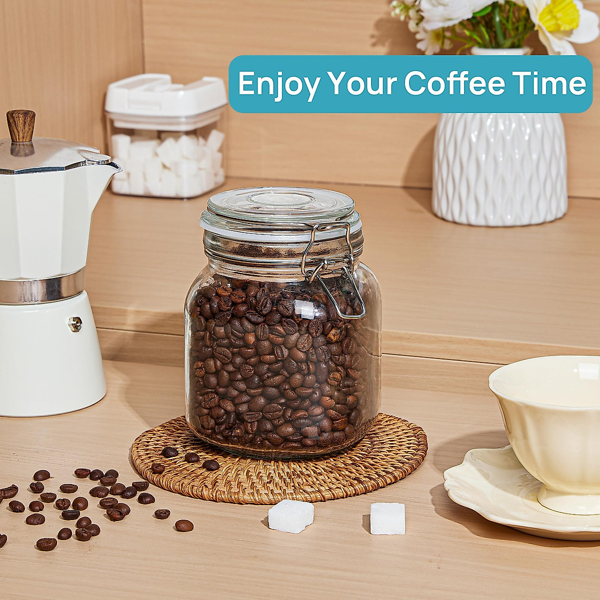 Vtopmart 34oz Glass Food Storage Jars with Airtight Clamp Lids, 3 Pack Kitchen Canisters for Flour, Cereal, Coffee, Pasta and Canning, Square Mason Jar with 8 Chalkboard Labels