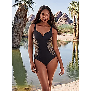 Miraclesuit Women's Petal Pusher Temptress Tummy Control Soft Cup One Piece Swimsuit, Black/Multi, 16